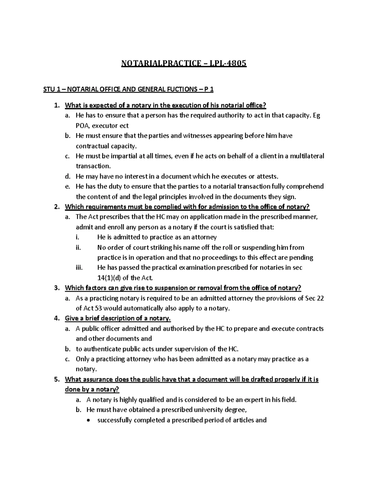 LPL4805 Notarial Practice - Study Unit 1 Questions & Answers Guide - Studocu