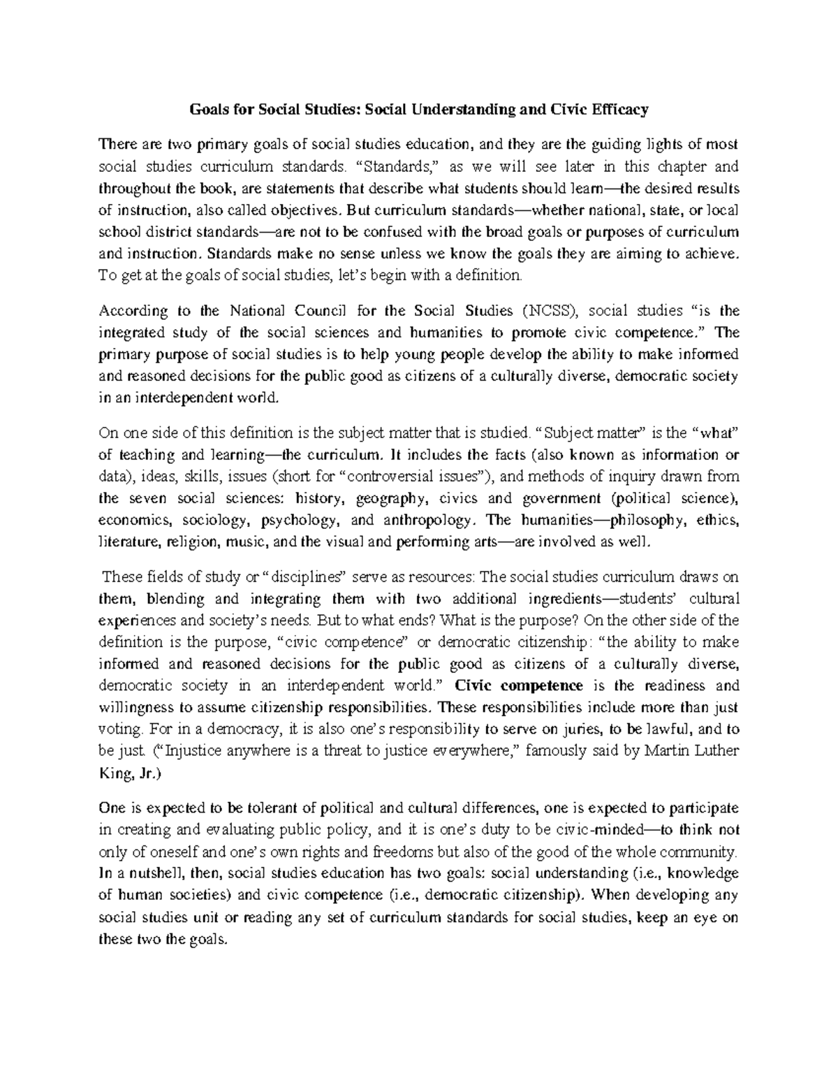 Social Studies Education Goals: Understanding & Civic Competence - Studocu