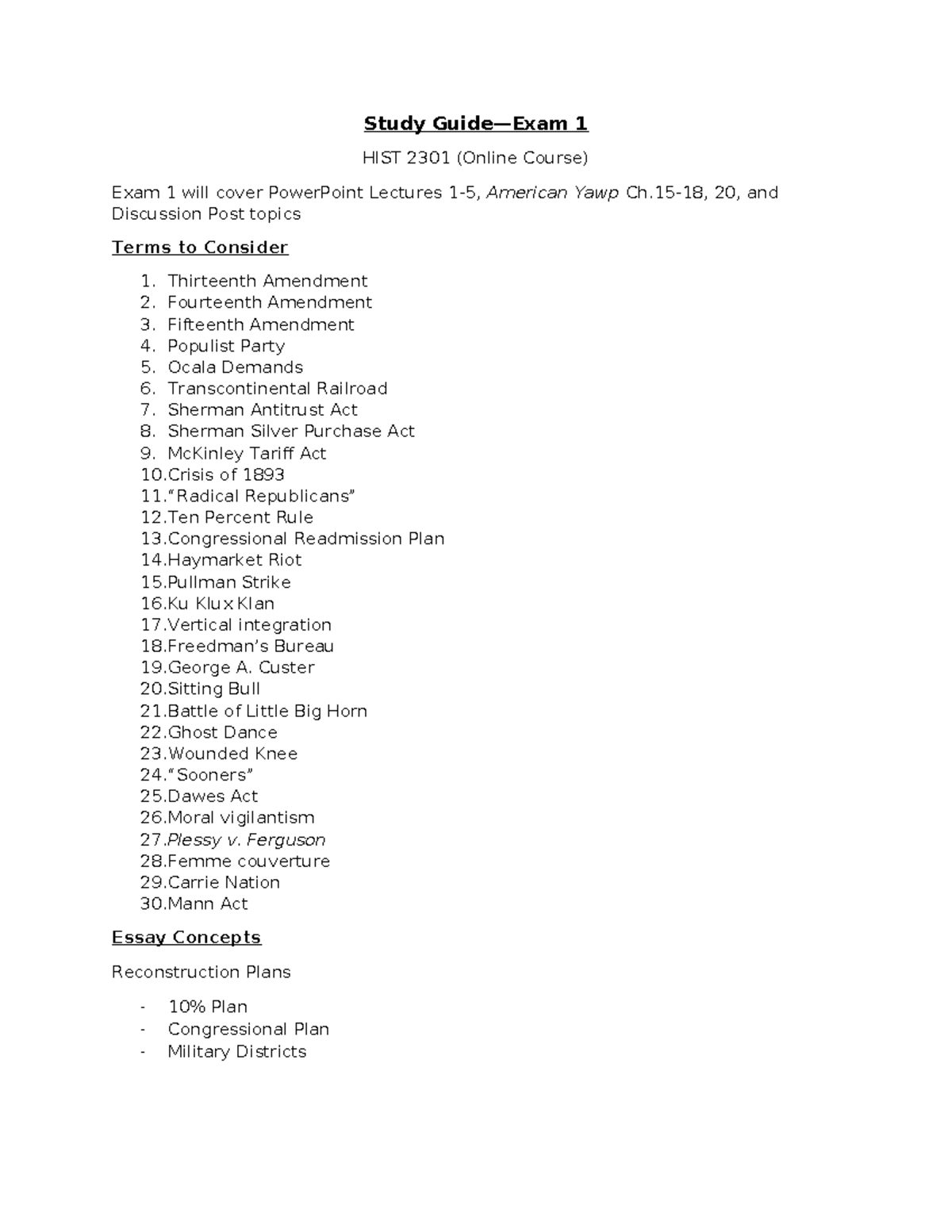 Study Guide for Exam 1 - HIST 2301: Key Topics & Concepts - Studocu