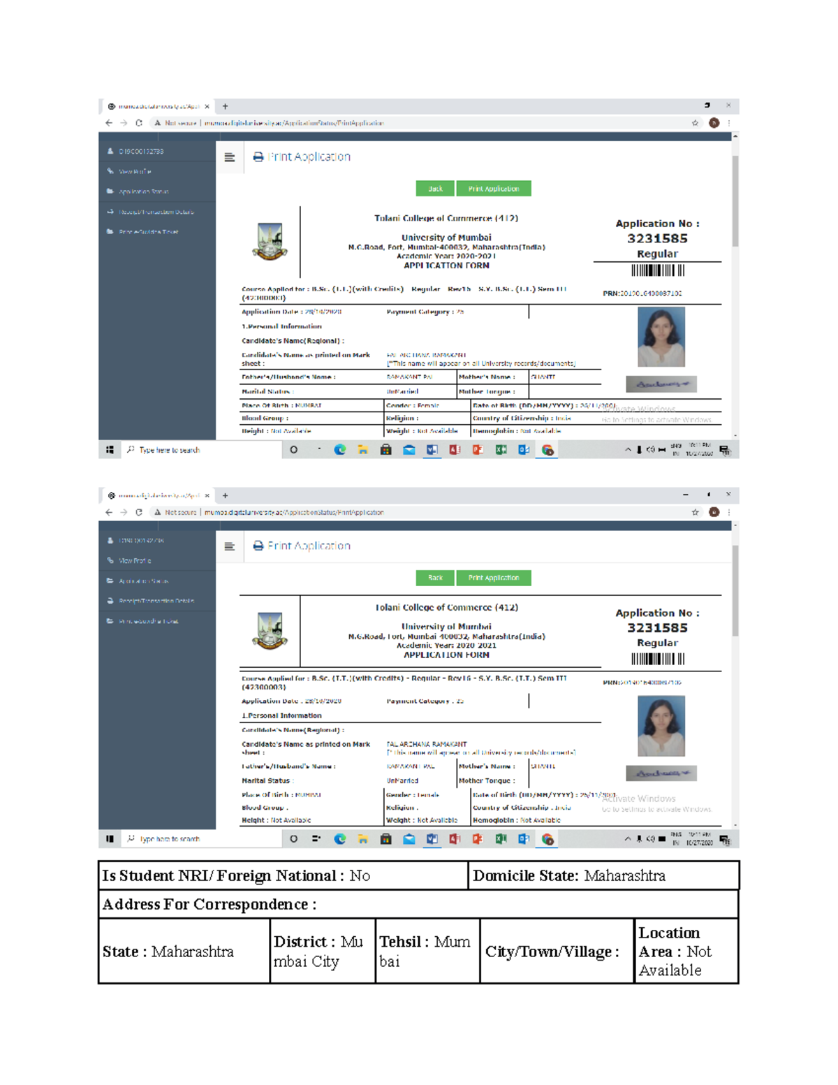 Registered documentation detail - Is Student NRI/ Foreign National : No Domicile State ...