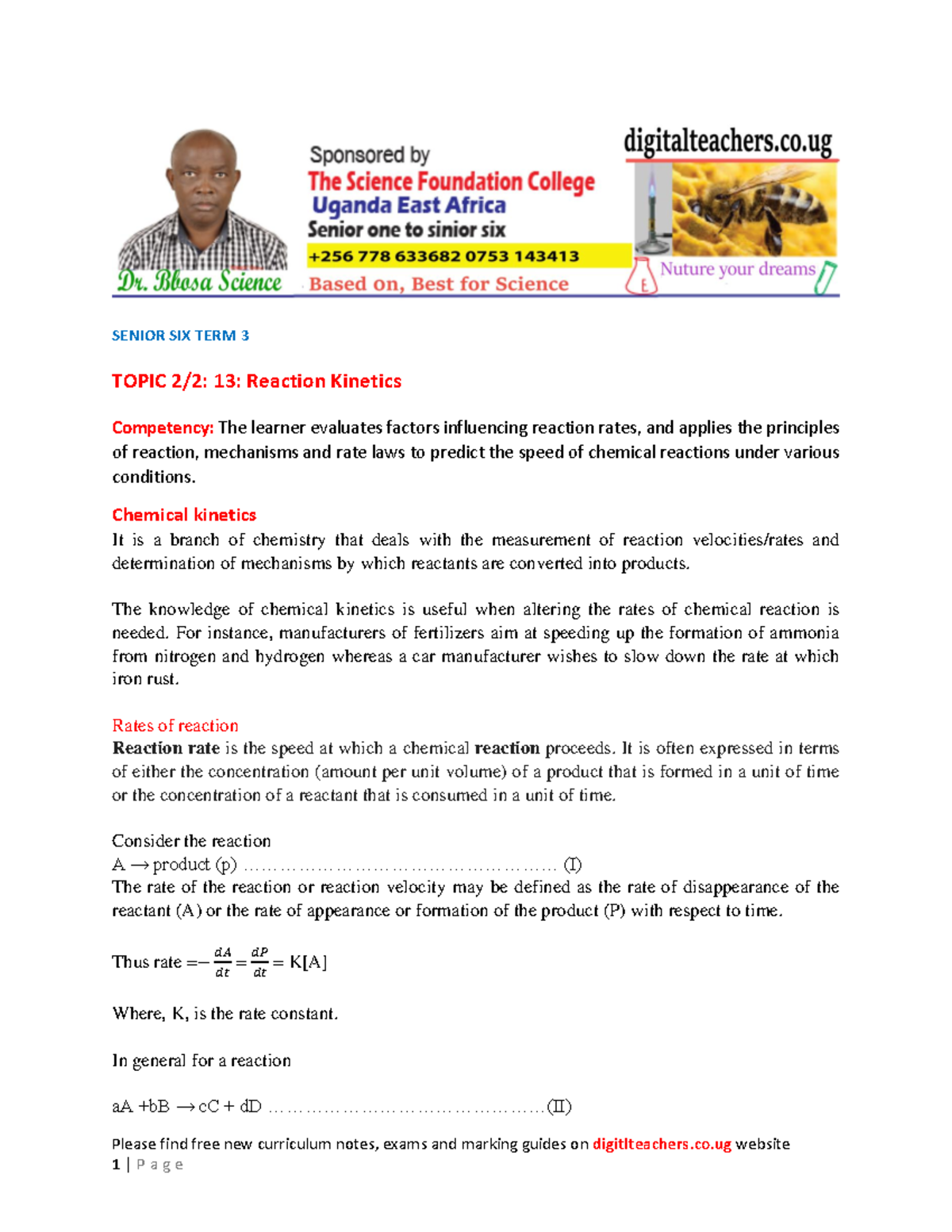 A Level Chemistry SV Topic 13: Understanding Reaction Kinetics - Studocu
