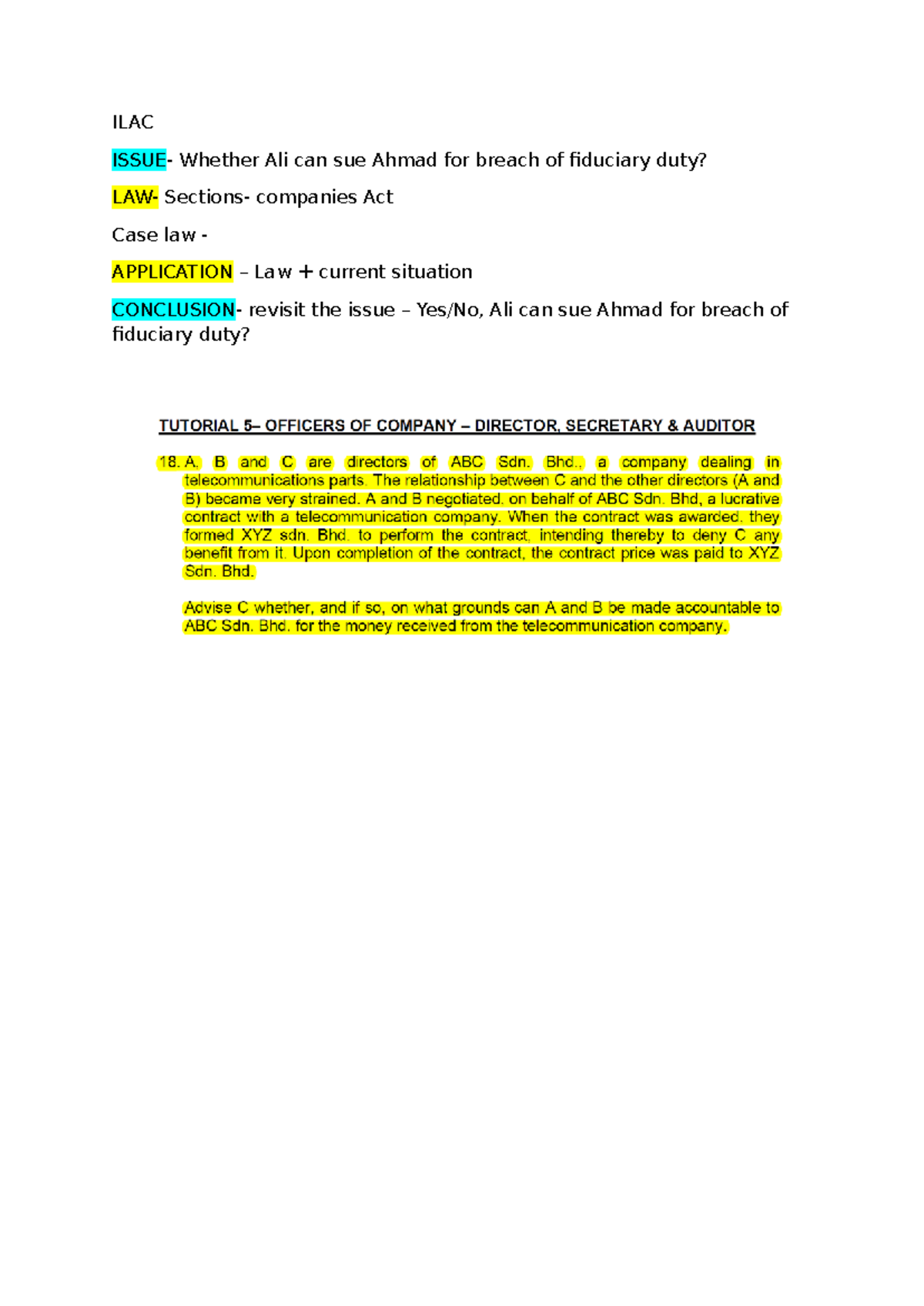 ILAC Tutorial Questions - Corporate law - ILAC ISSUE- Whether Ali can ...