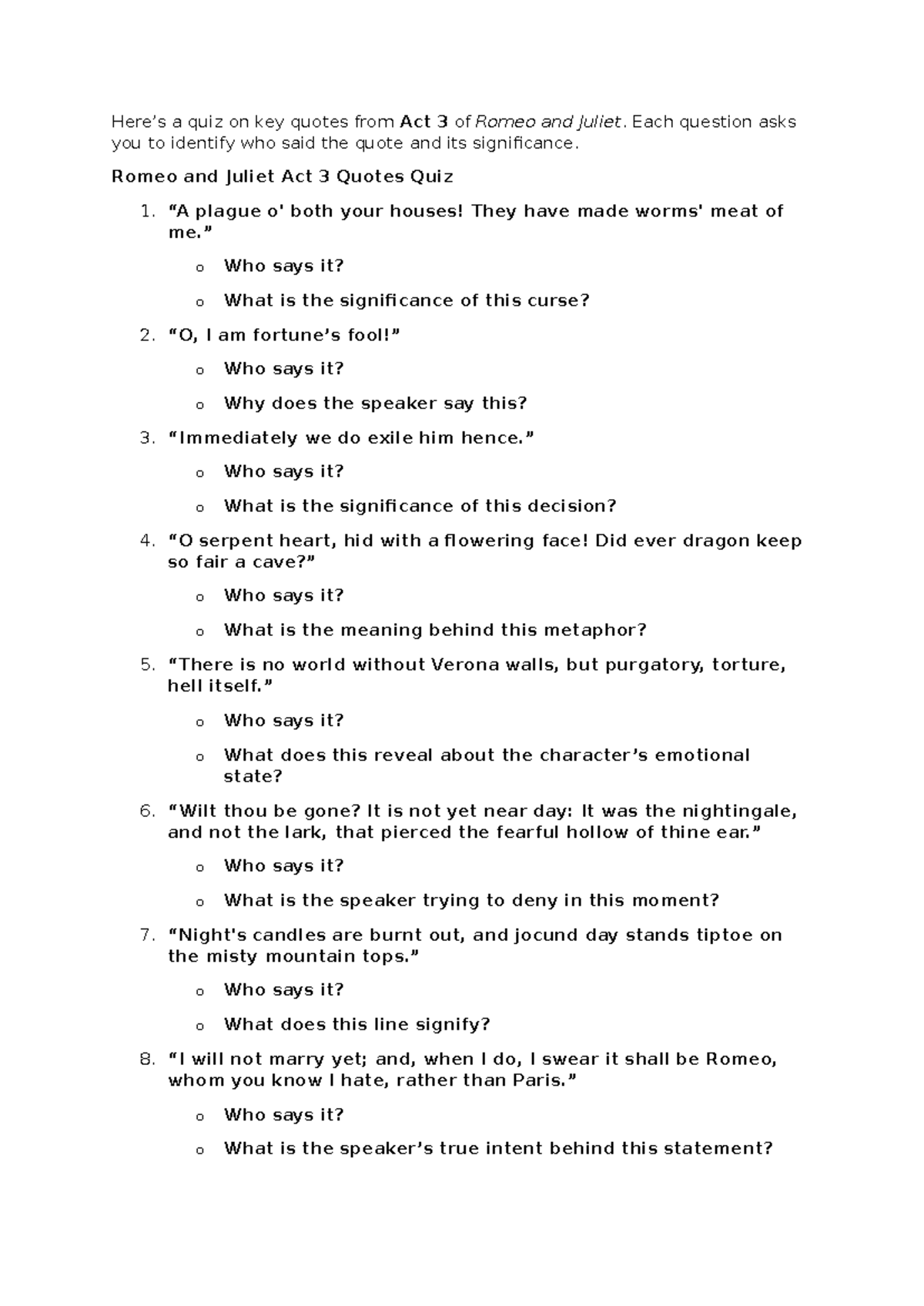 Romeo and Juliet (ENG 101) Act 3 Quotes Quiz Analysis - Studocu