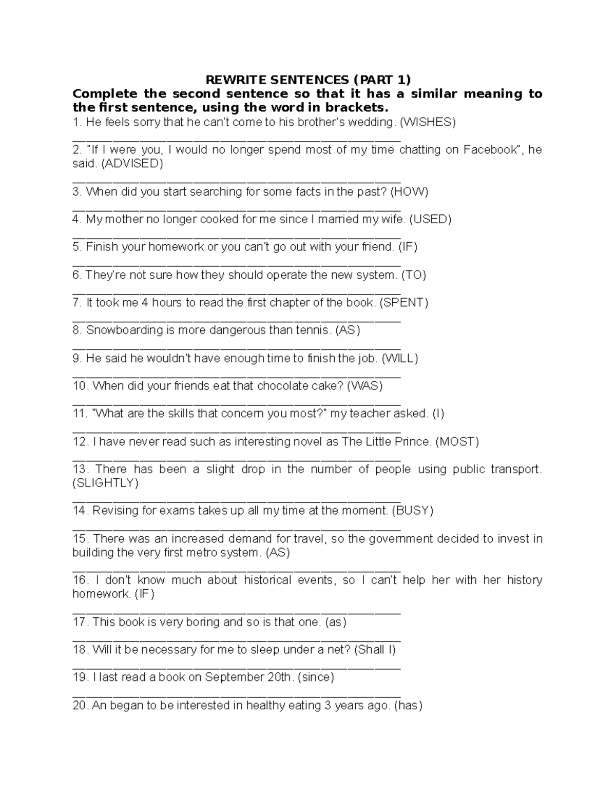 Rewrite Sentences Practice (Part 1) - English Language Skills Test ...