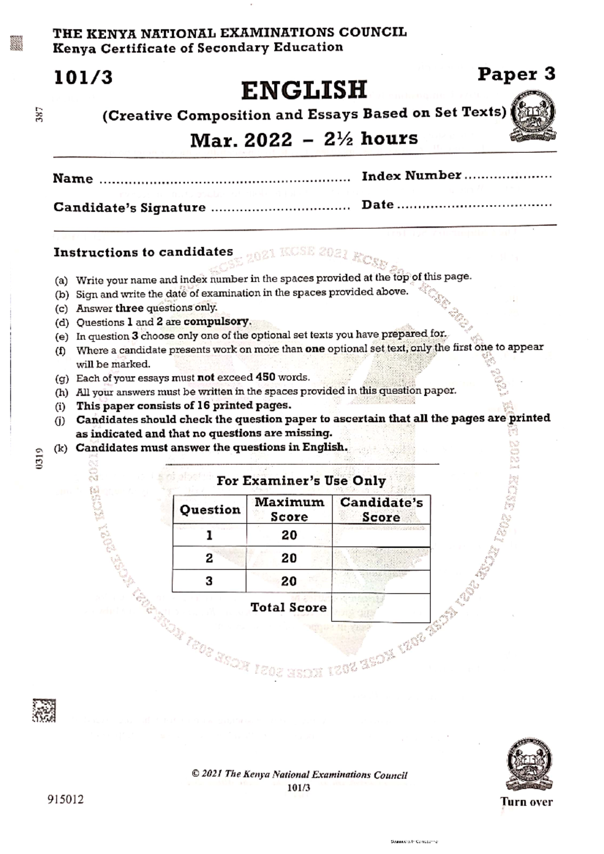 KCSE English Paper 3 (2021): Creative Composition & Set Texts Questions ...