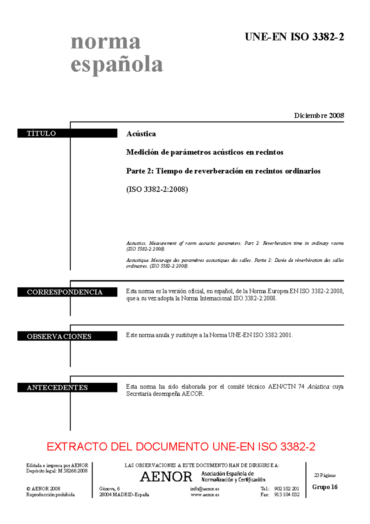 ISO 3382-2:2008 Acústica - Medición del Tiempo de Reverberación - Studocu