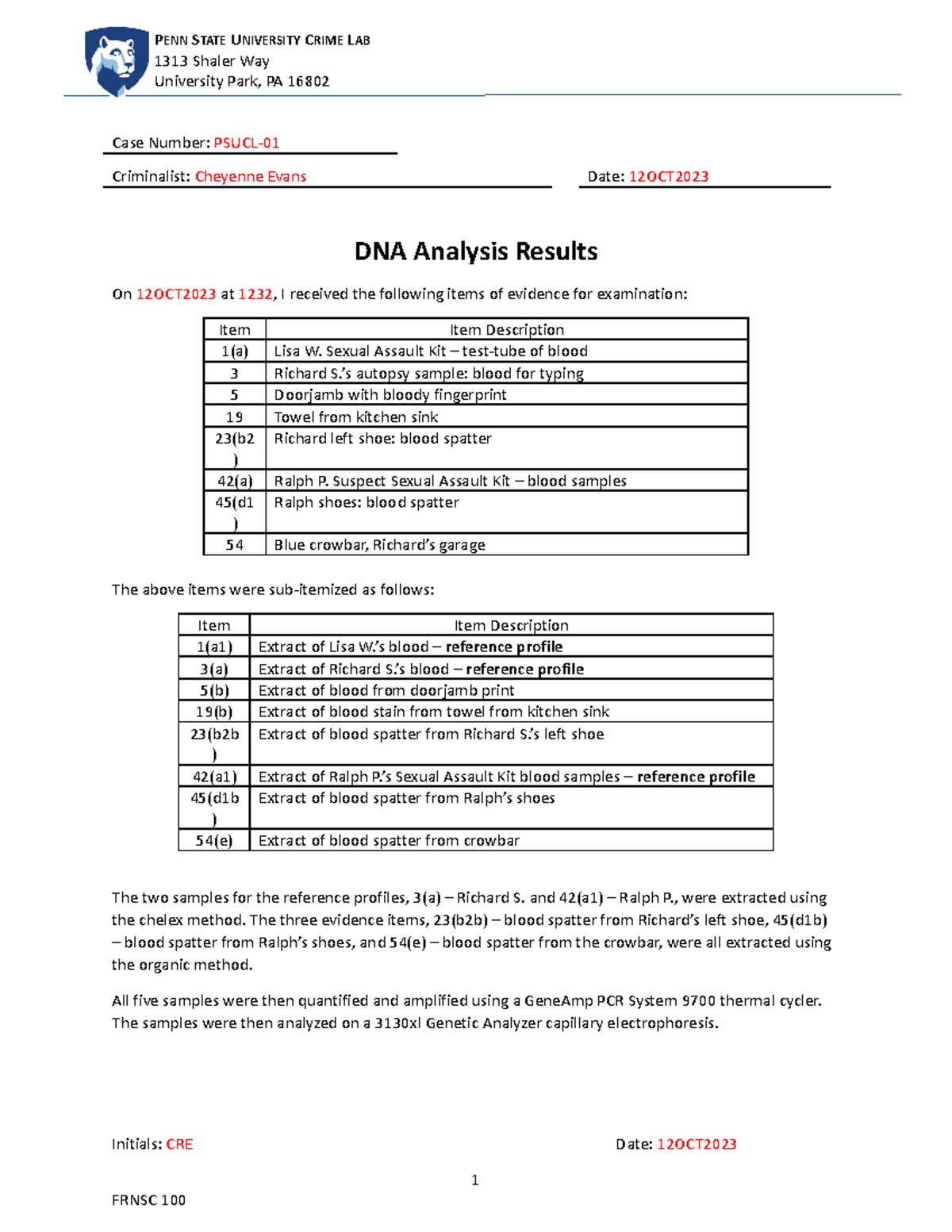 DNA Analysis Results - PSUCL Case Study: Evidence Matching Report - Studocu