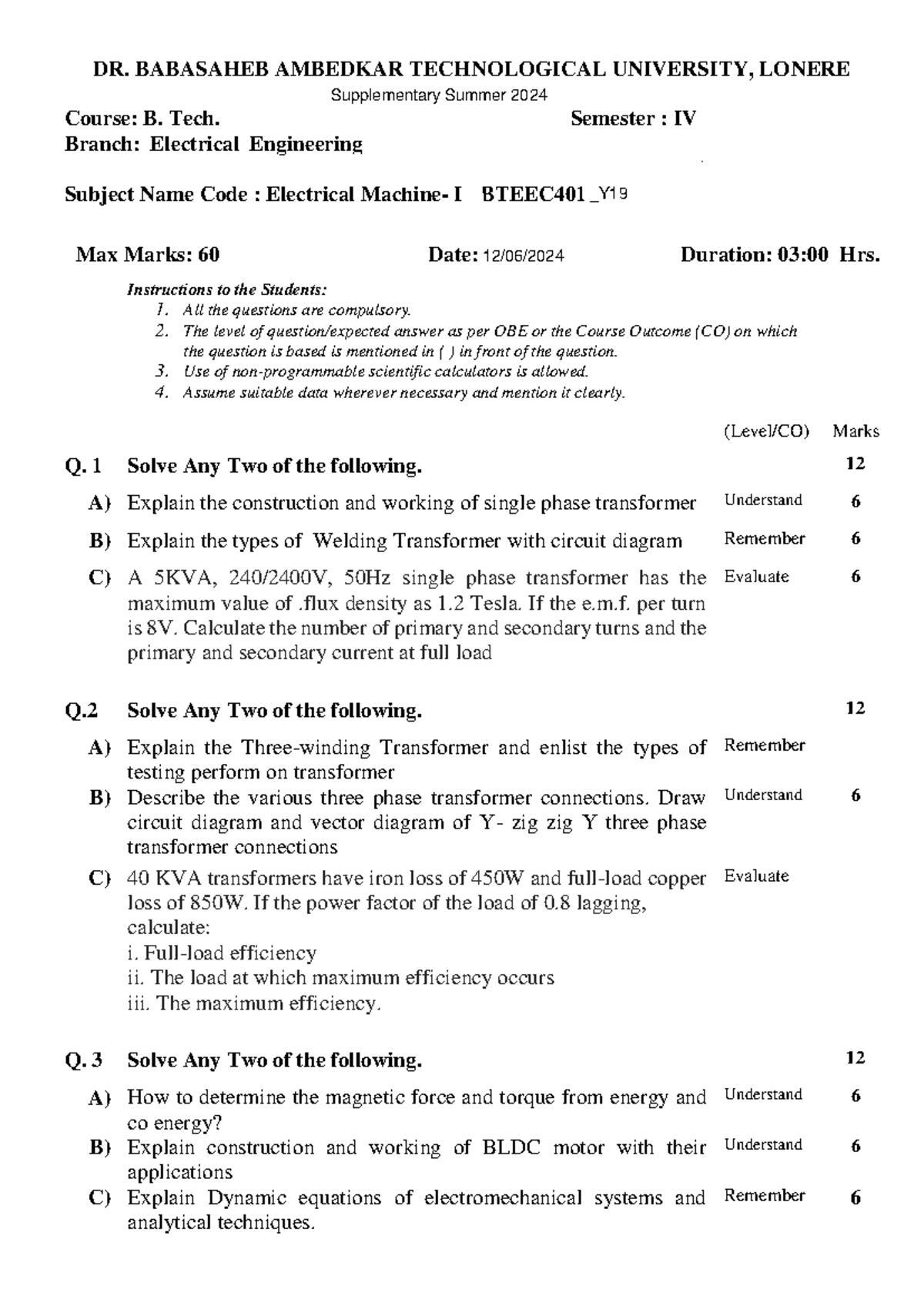BTEEC 401 Y19 Electrical Machines-I End Sem Exam Summer 2024 - Studocu