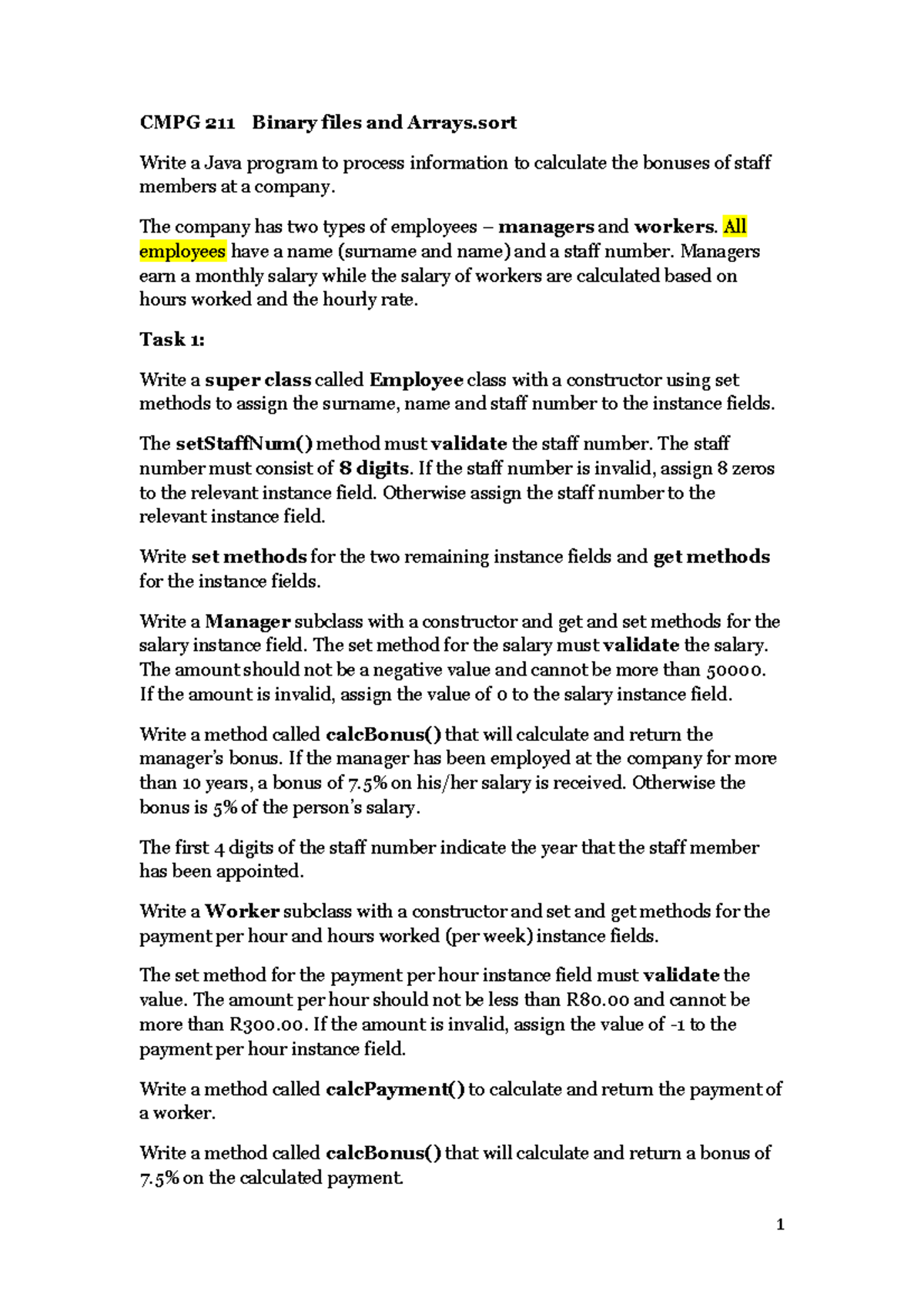 CMPG 211 Employee Bonus Calculation and Array Sorting Task - Studocu