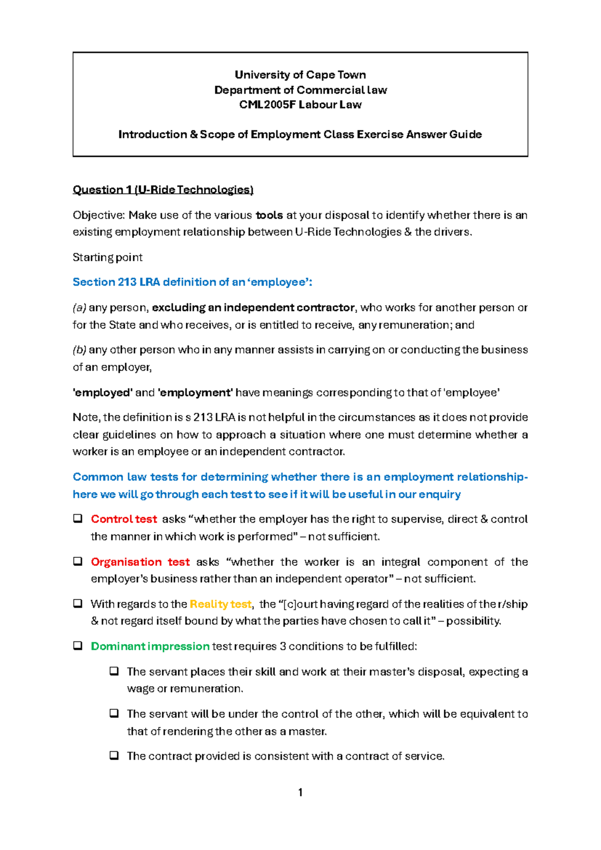 CML2005F Labour Law: Intro & Scope of Employment Exercise Guide - Studocu