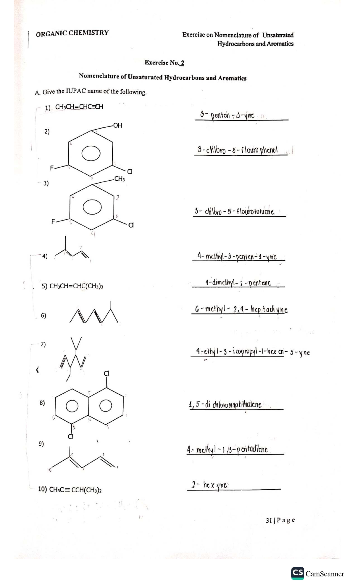 Organic Chemistry Exercise 2: Nomenclature of Unsaturated Hydrocarbons ...