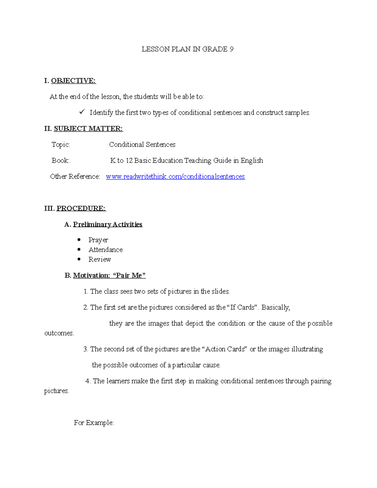 Grade 9 Lesson Plan: Exploring Conditional Sentences & Examples - Studocu
