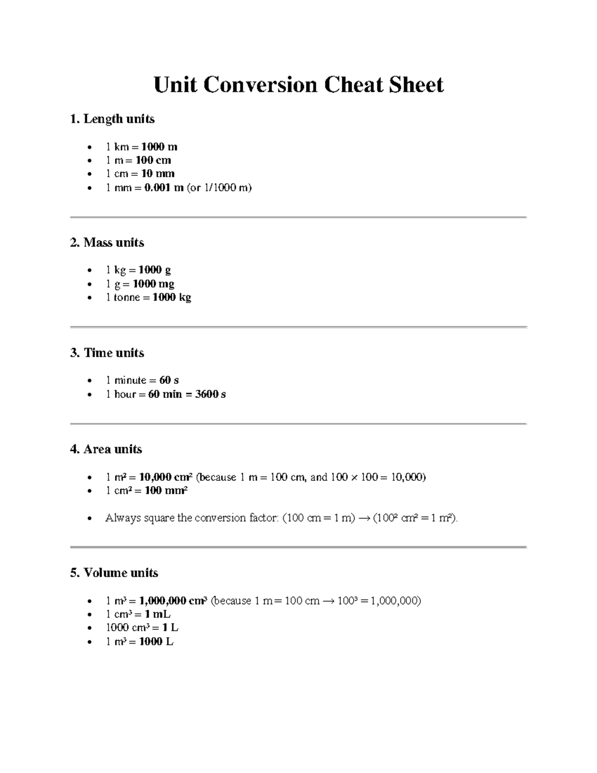 Unit Conversion Cheat Sheet: Length, Mass, Time, Area, Volume - Studocu