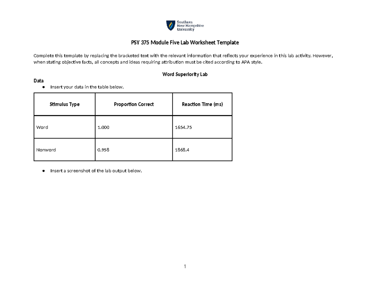 PSY 375 Module Five Lab Worksheet: Data & Analysis - Studocu