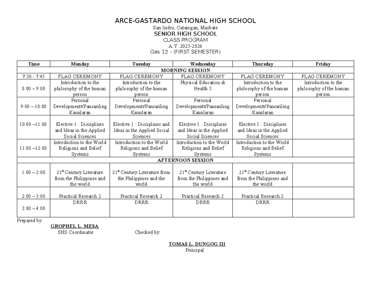 GAS 12 - 1st Sem Class Program for Senior High School - Studocu