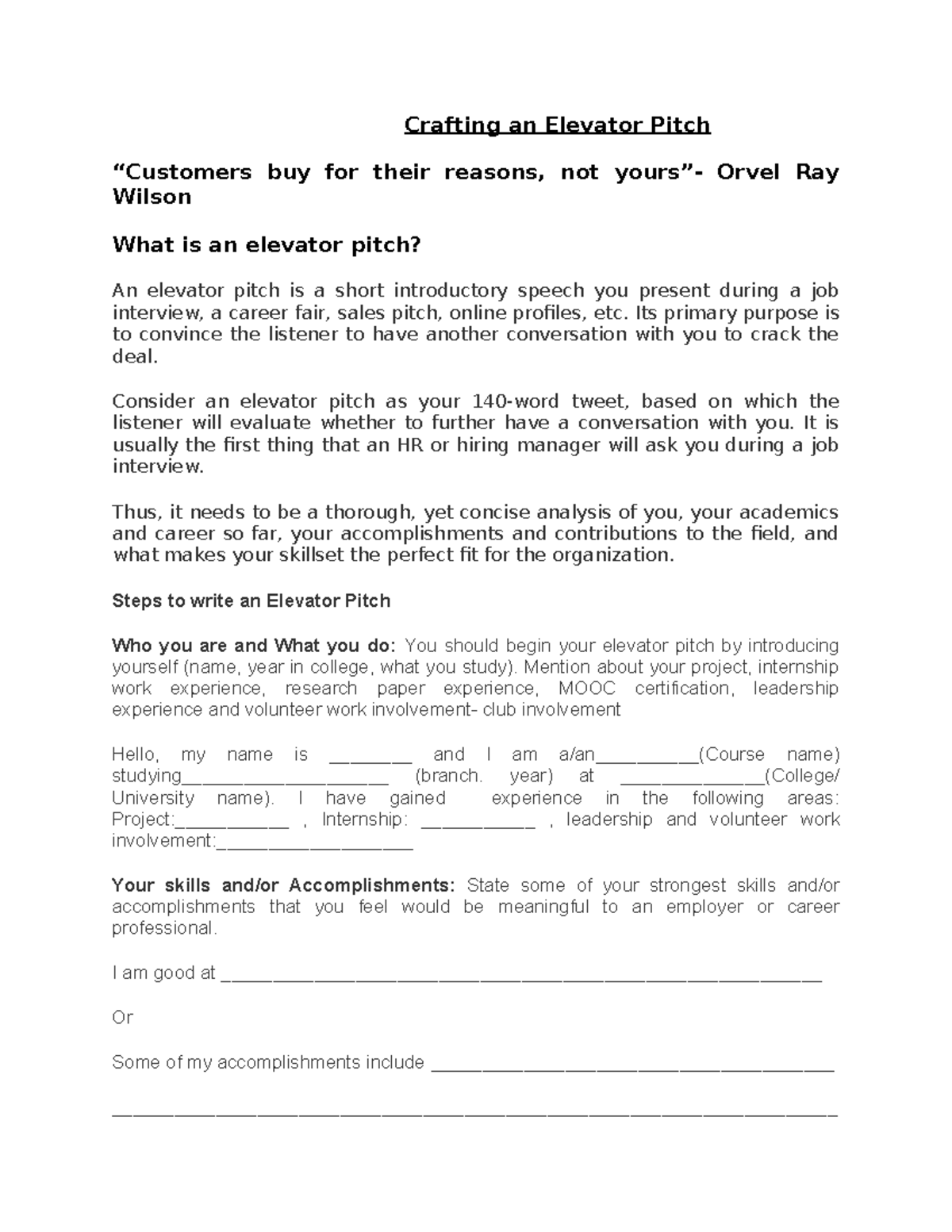 Elevator Pitch Worksheet 2: Crafting Your Perfect Intro - Studocu