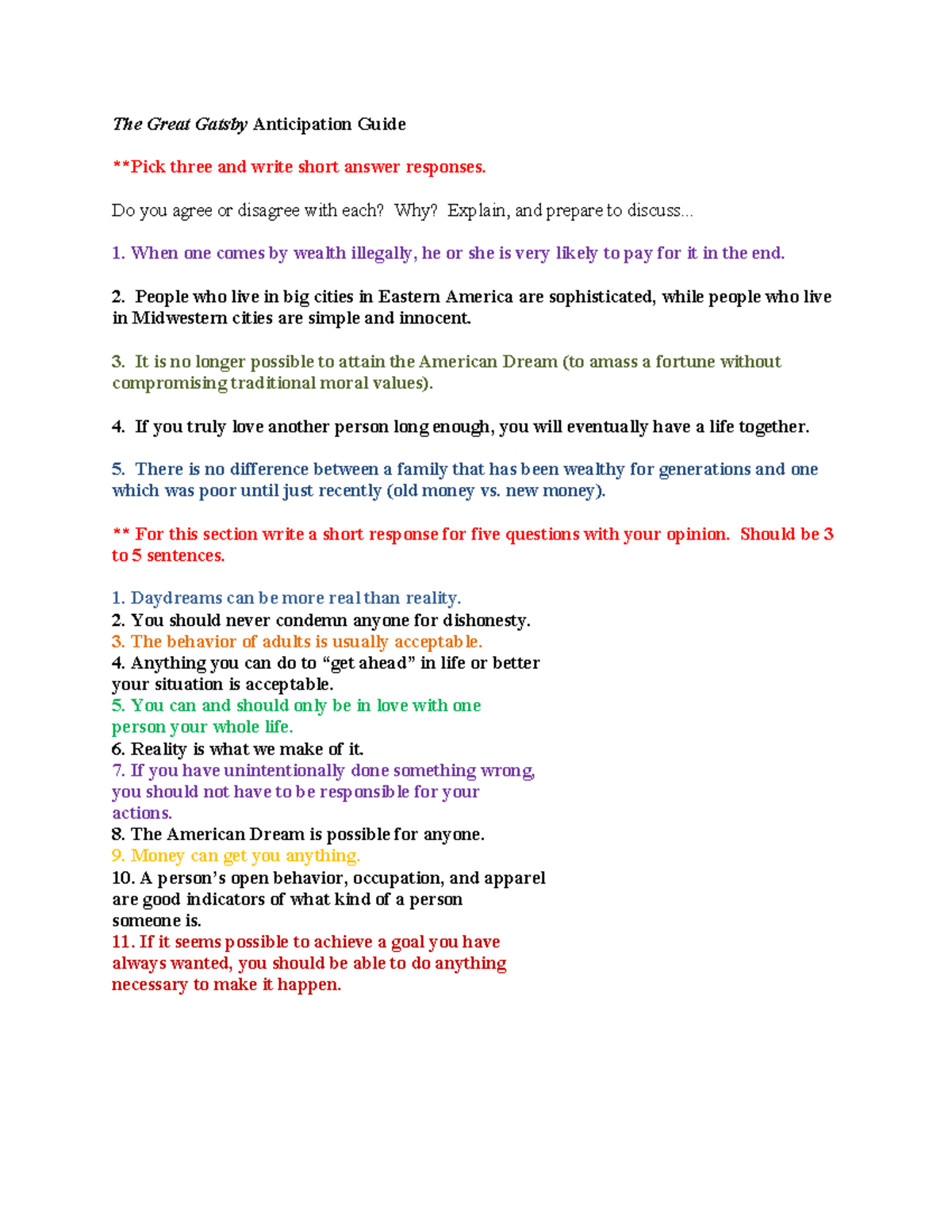 The Great Gatsby Anticipation Guide Responses - Studocu