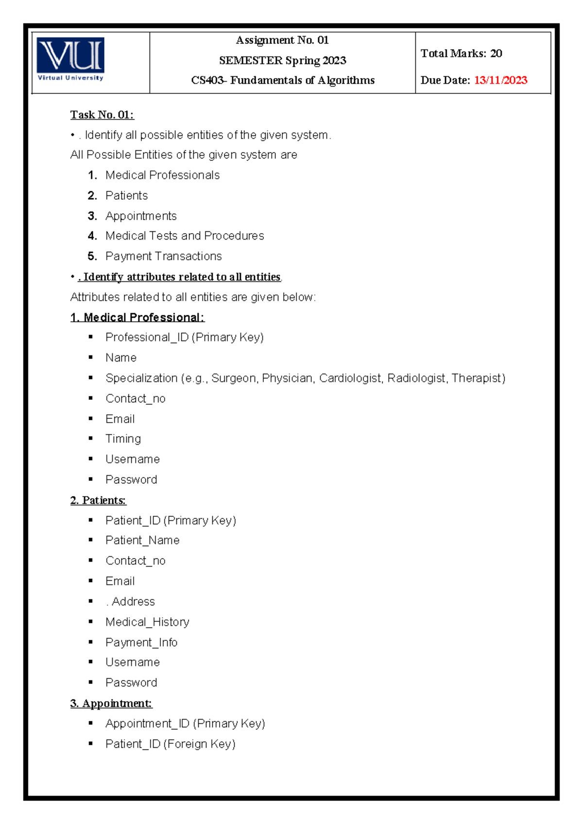 Cs403p - very useful - Task No. 01: -. Identify all possible entities of the given system. All ...