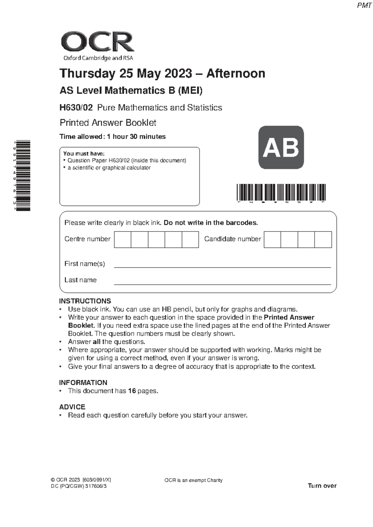 PMT AS Level Mathematics B (MEI) Pure & Stats Exam - 25 May 2023 - Studocu