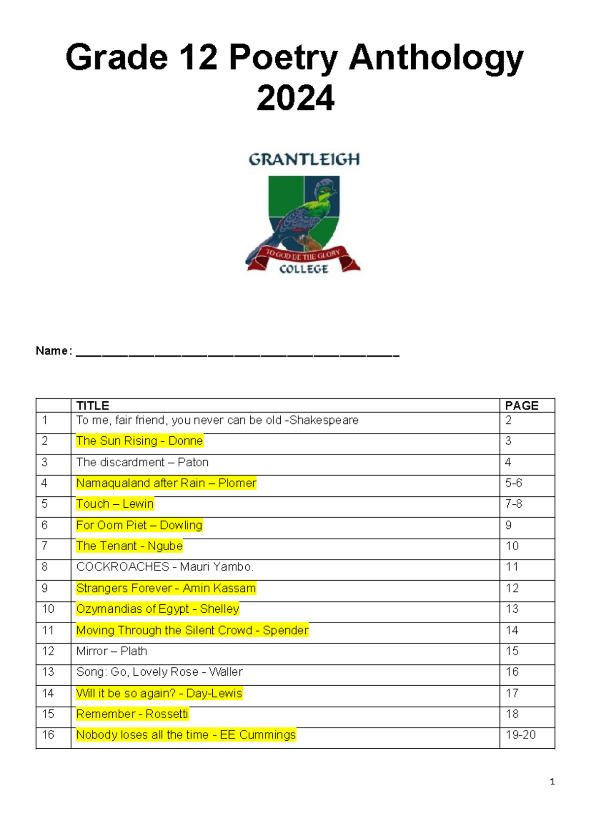 Grade 12 IEB Poetry Anthology - Selected Poems for 2024 - Studocu