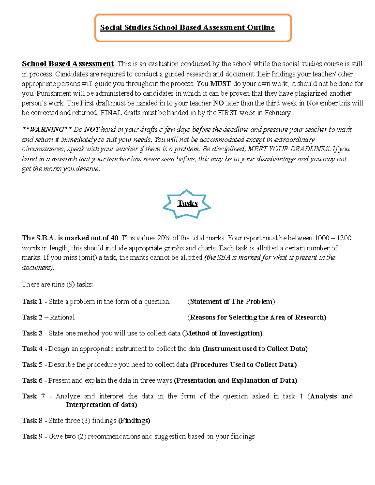 CSEC Social Studies SBA Outline: Guidelines and Tasks for Success - Studocu