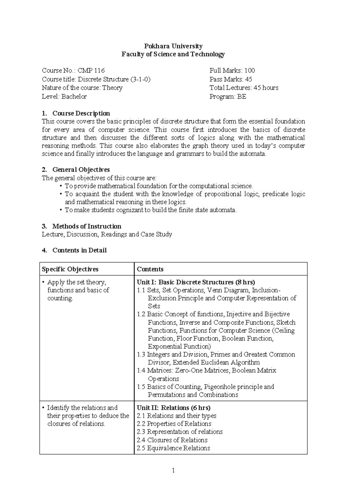 CMP 116 Discrete Structure Syllabus - Faculty of Science & Tech - Studocu