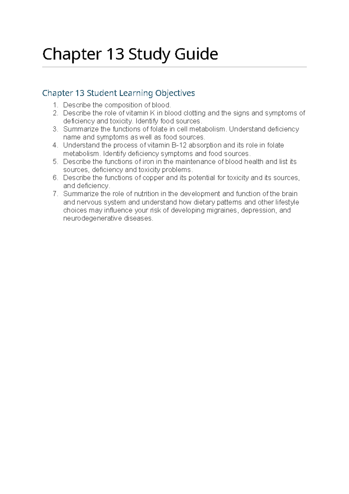 Chapter 13 Study Guide: Blood and Nutrition - Studocu