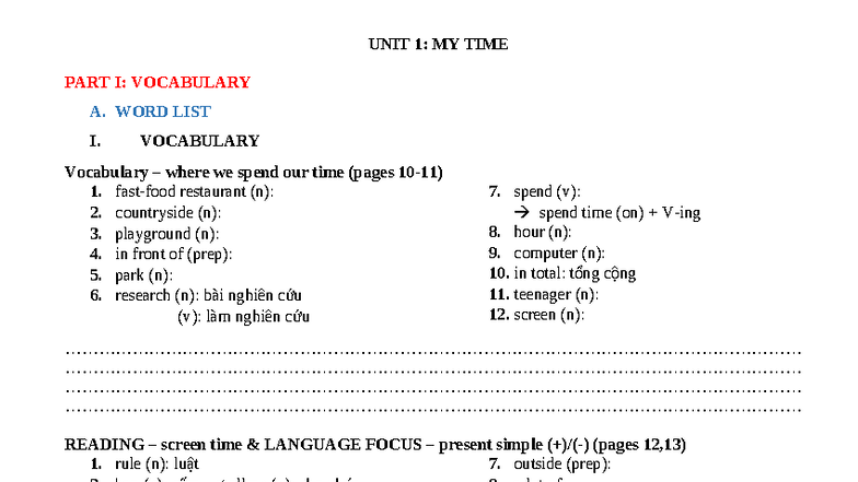 Friend Plus 7: Units 1-3 Vocabulary & Grammar Overview - Studocu