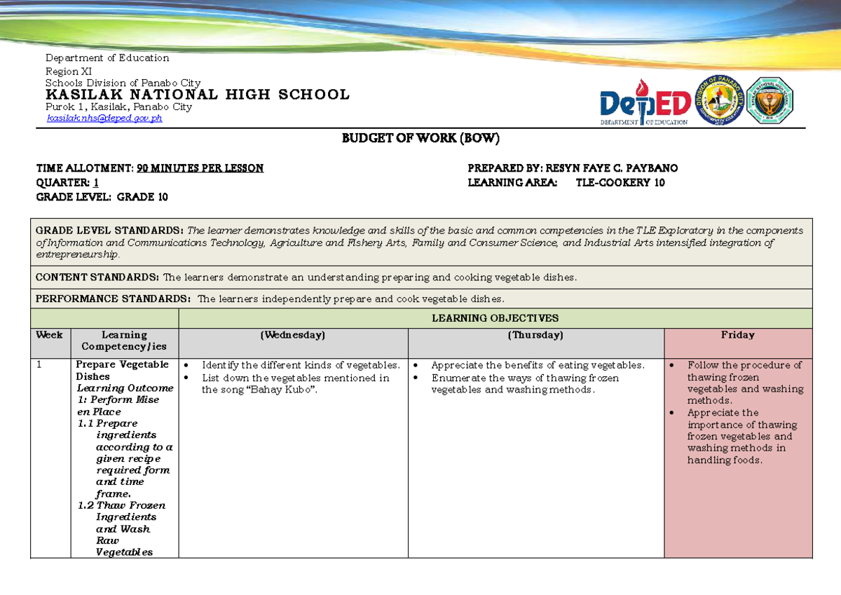 BOW 10 - 2nd Quarter: Preparing Vegetable & Seafood Dishes - Studocu