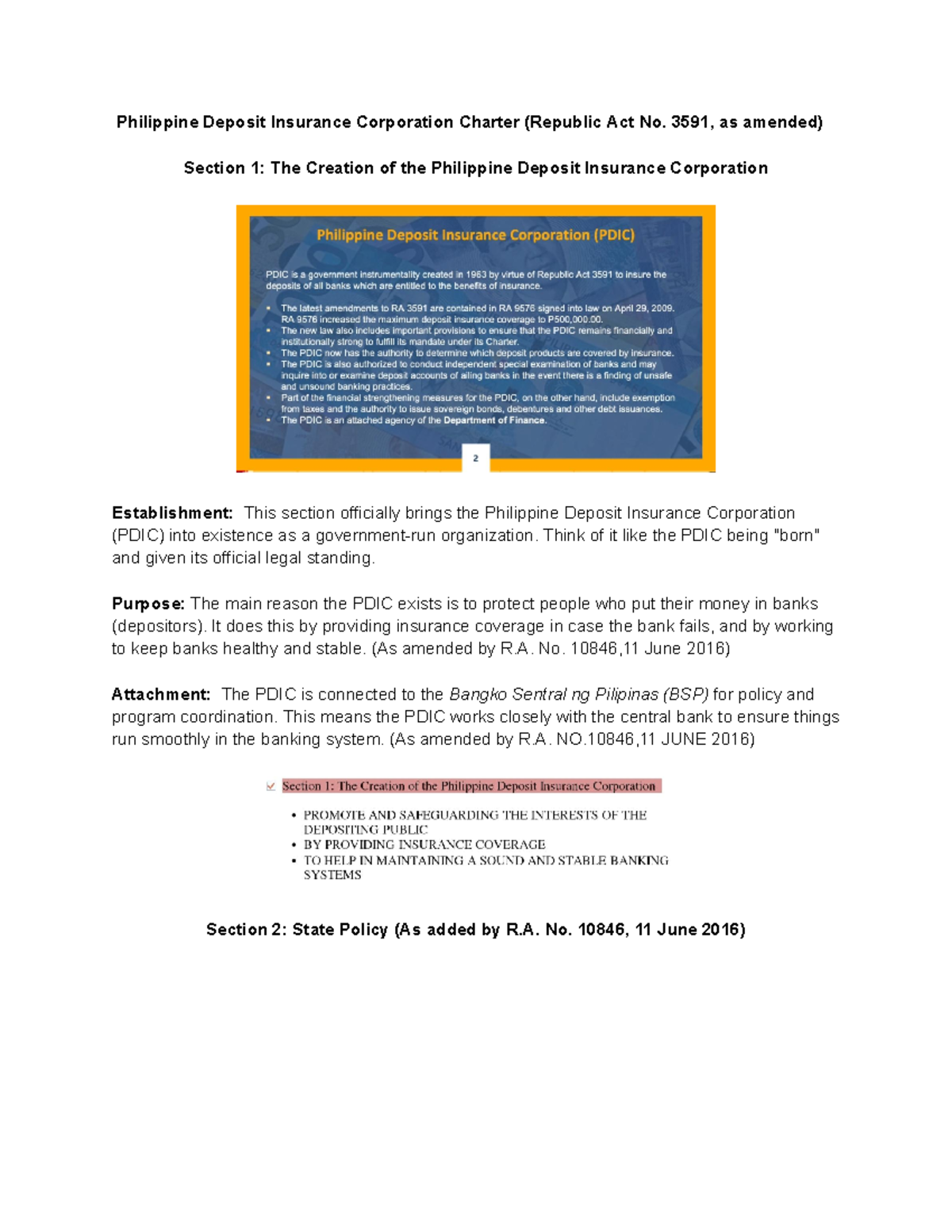 PDIC Charter Overview: Key Sections & Functions (R.A. No. 3591, Amended ...