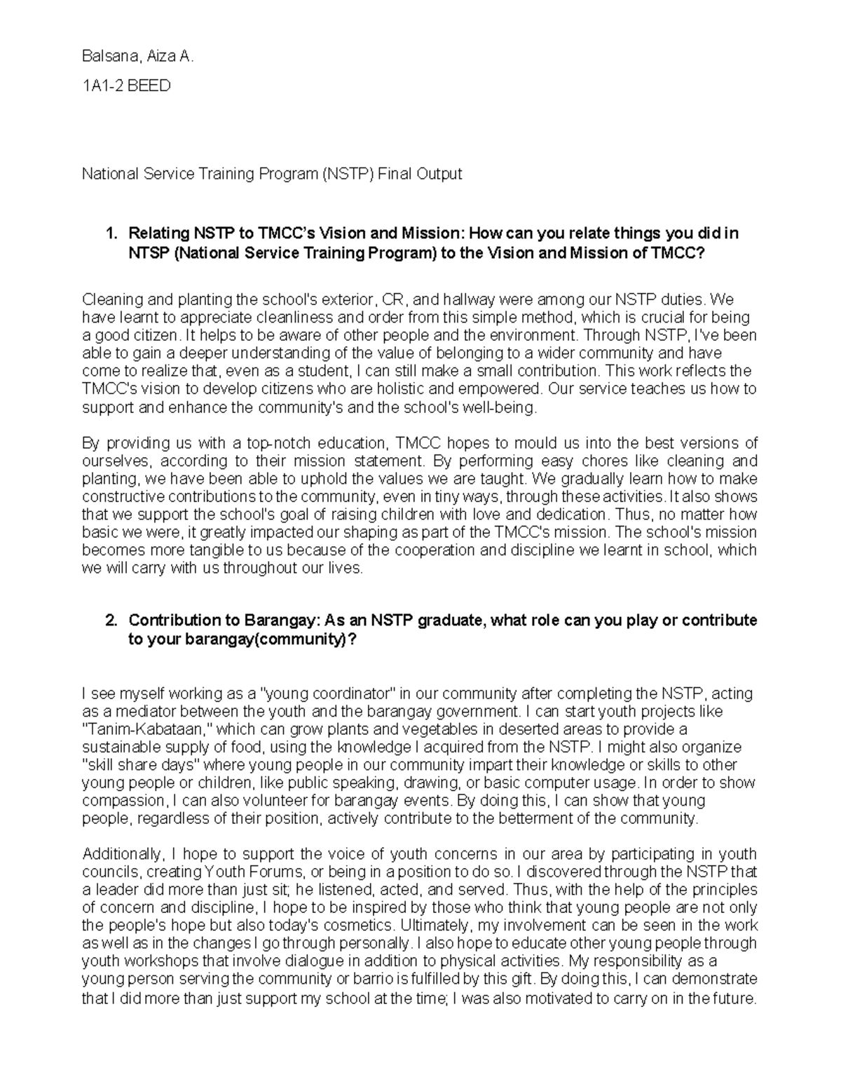 NSTP Final Output 1: Connecting Community Service to TMCC's Vision ...