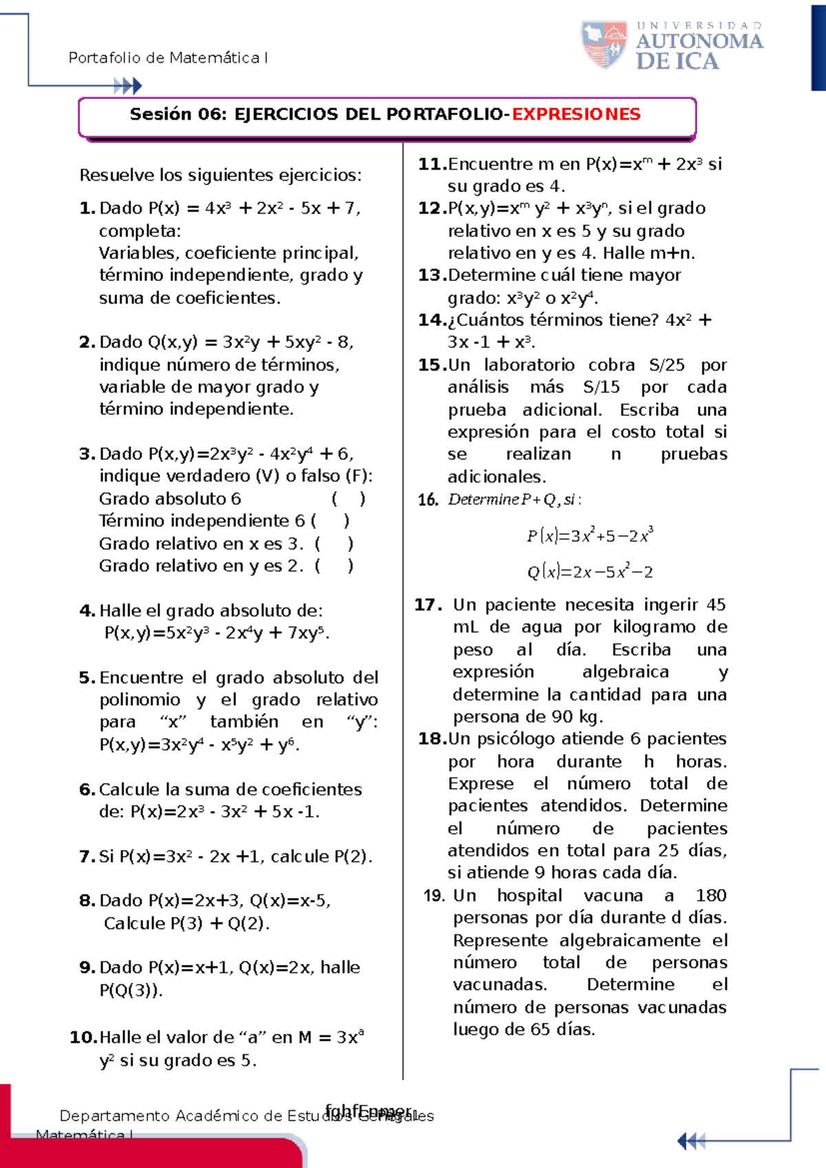 Portafolio de Matemática I: Ejercicios de Expresiones Algebraicas - Studocu