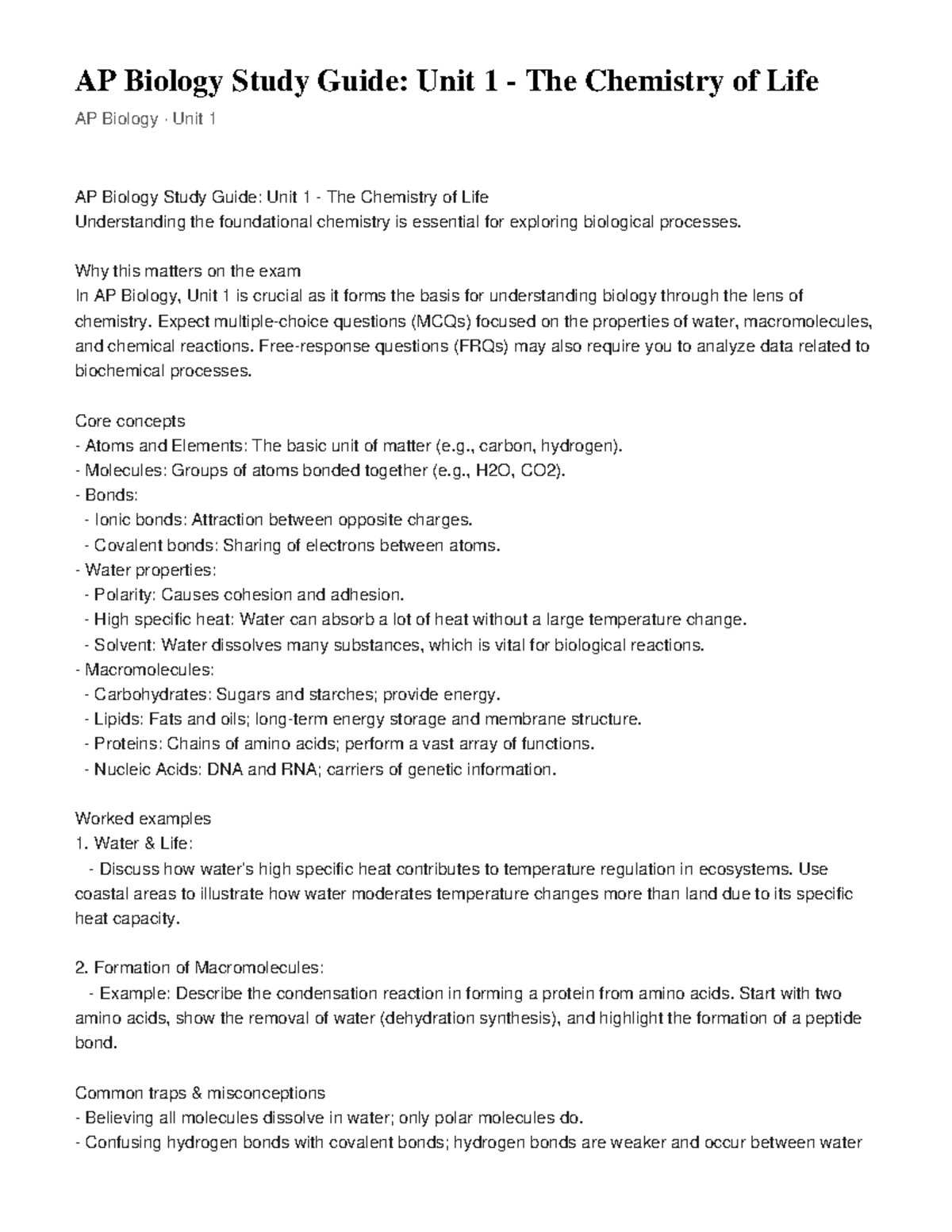 AP Biology Study Guide: Unit 1 - Chemistry of Life Essentials - Studocu
