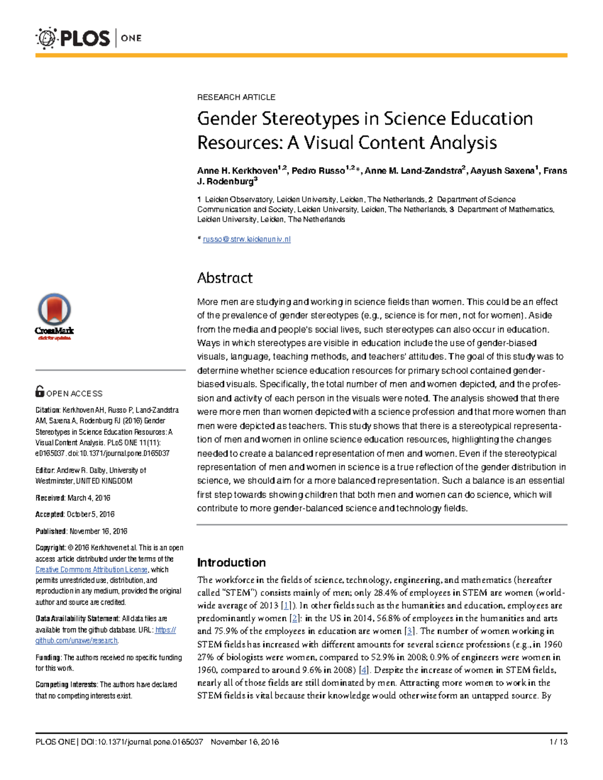 its a research - RESEARCH ARTICLE Gender Stereotypes in Science ...