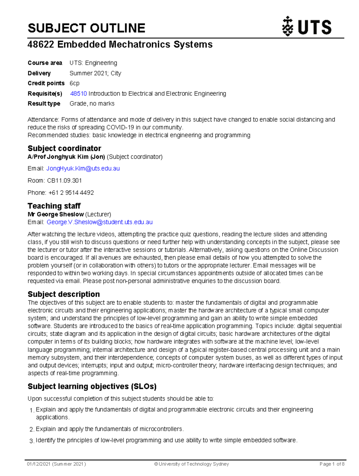 Embedded Mechatronics Systems Subject Outline - SUBJECT OUTLINE 48622 Embedded Mechatronics ...