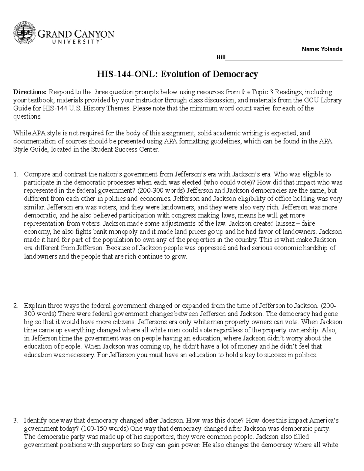 HIS-144-RS-Evolution of Democracy Worksheet - Name: Yolanda Hill