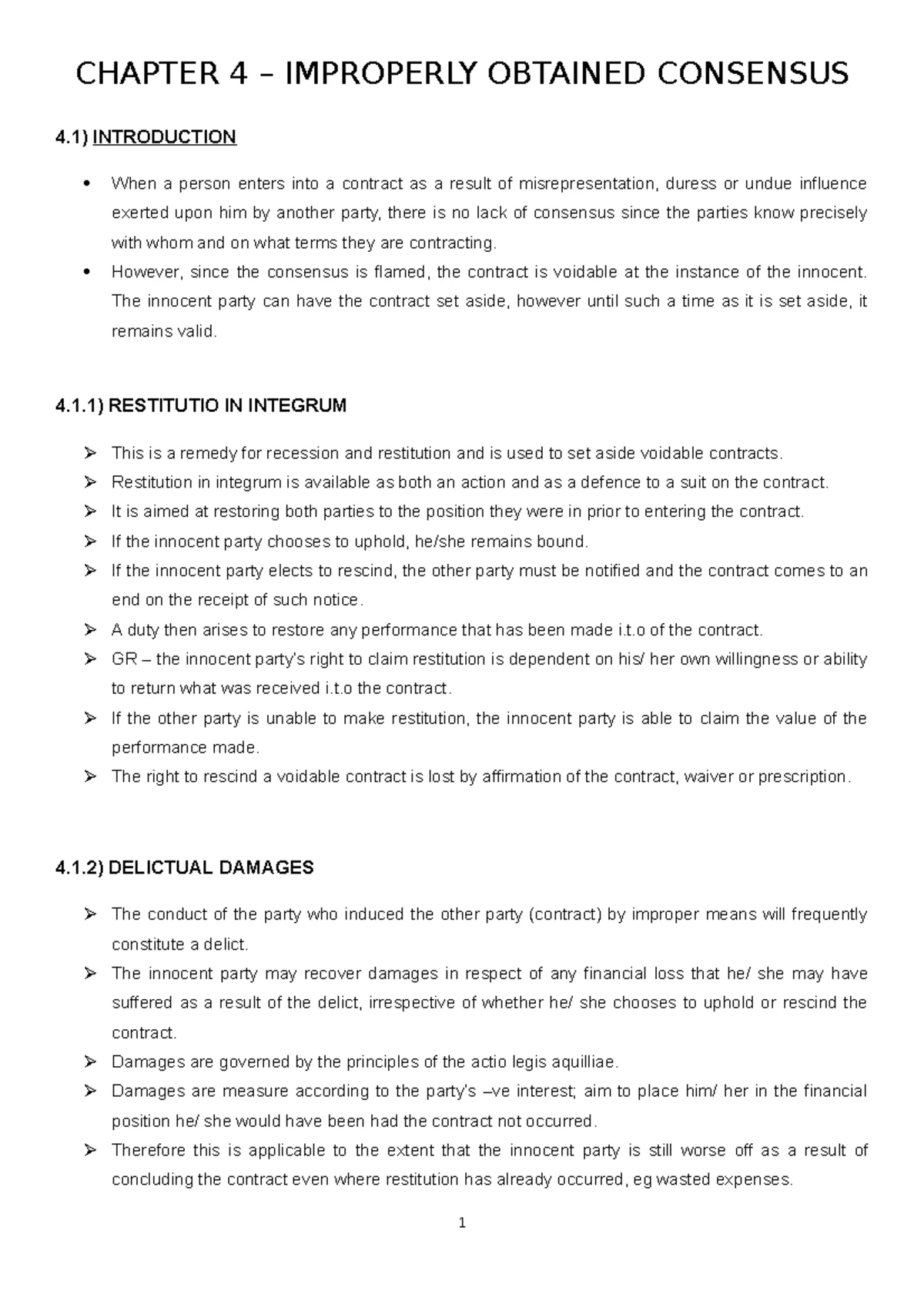 Chapter 3 - Law of Contract - Chapter 3: Basis of modern SA law: o Will theory = subjective ...