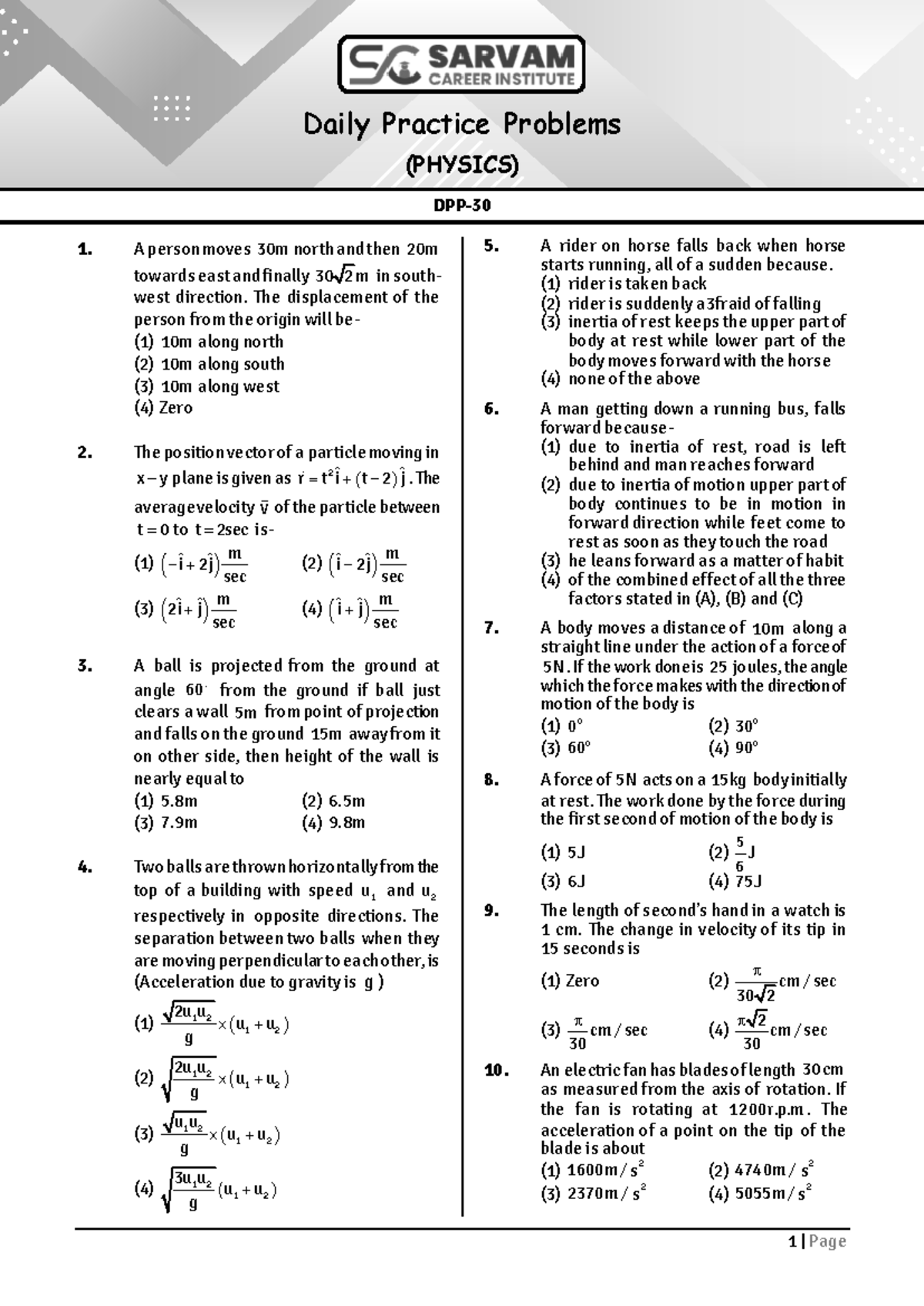 Daily Practice Problems (PHYSICS) - Comprehensive Review - Studocu