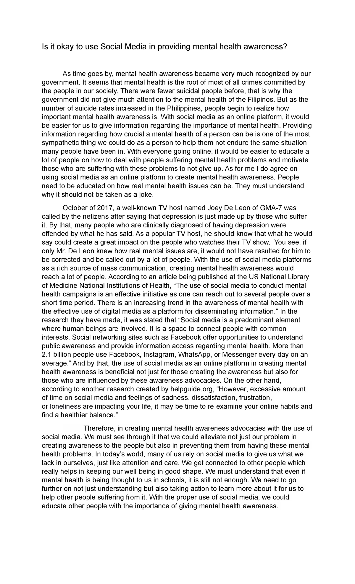 Position Paper: Using Social Media for Mental Health Awareness - Studocu
