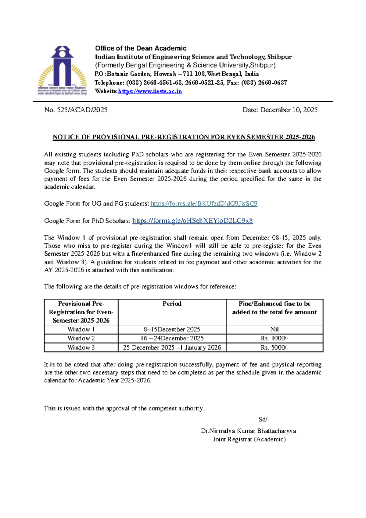 Final Notification: Provisional Pre-Registration for Even Semester 2025 ...