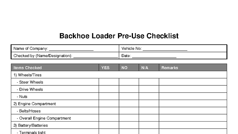JCB Backhoe Loader Pre-Use Checklist - Studocu