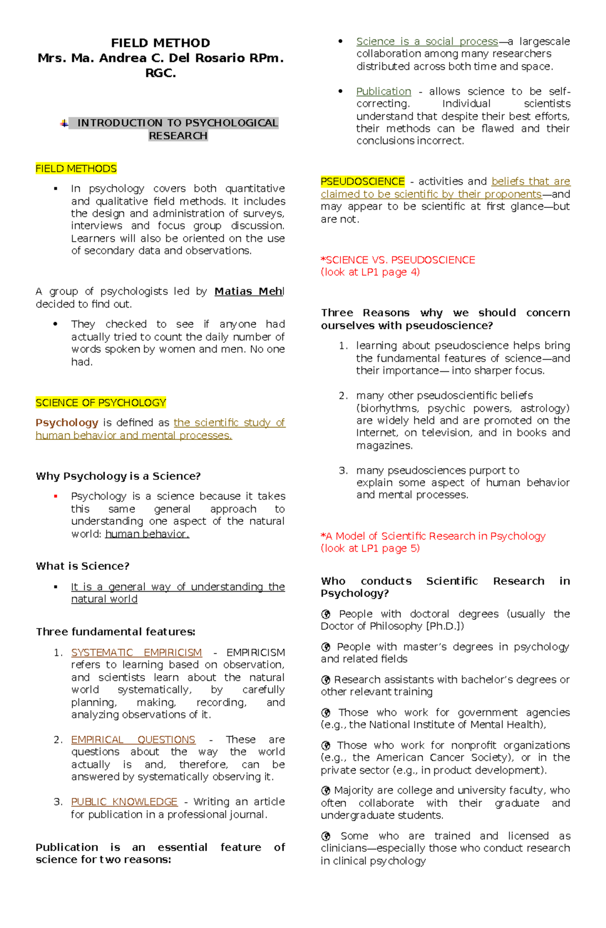 Reviewer- Field- Method - FIELD METHOD Mrs. Ma. Andrea C. Del Rosario ...