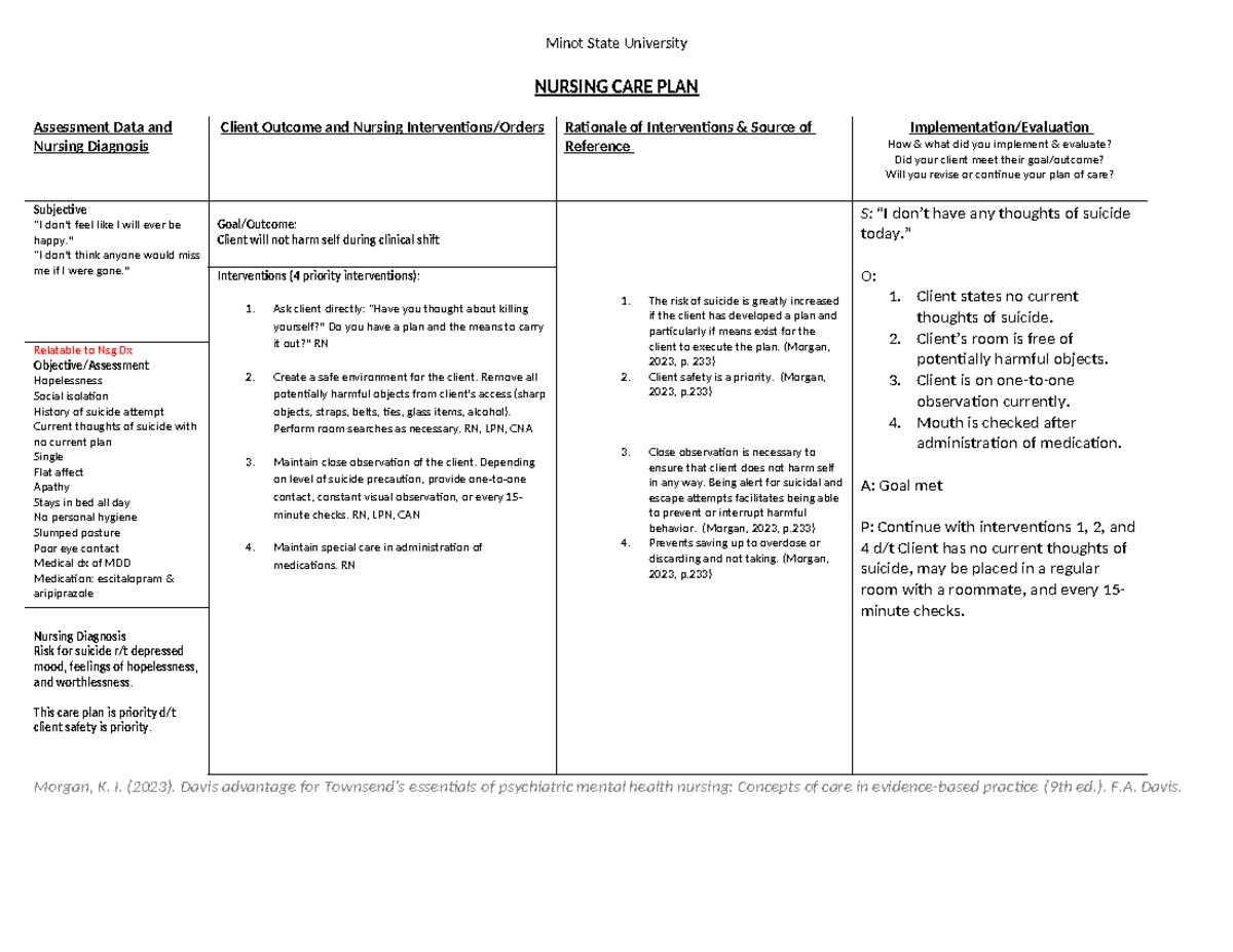 Care plan example - Care Plan - Minot State University NURSING CARE ...