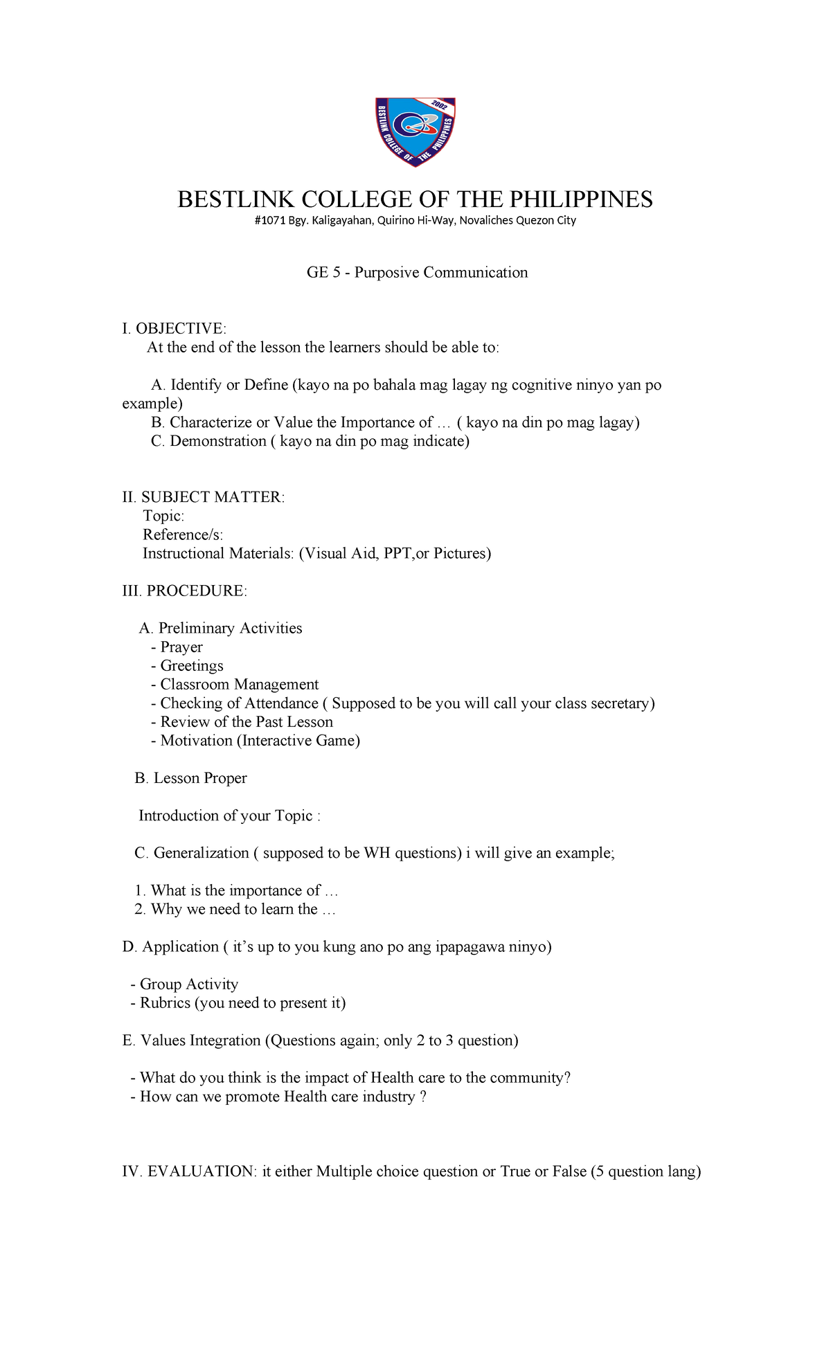 Semi-Detailed Lesson Plan - BESTLINK COLLEGE OF THE PHILIPPINES #1071 ...