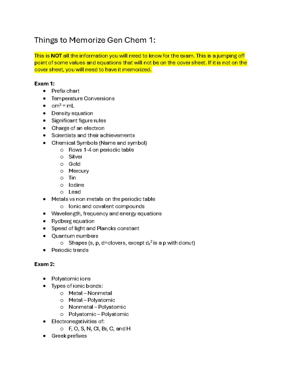 Final Exam Study Guide for Gen Chem 1: Key Concepts and Equations ...