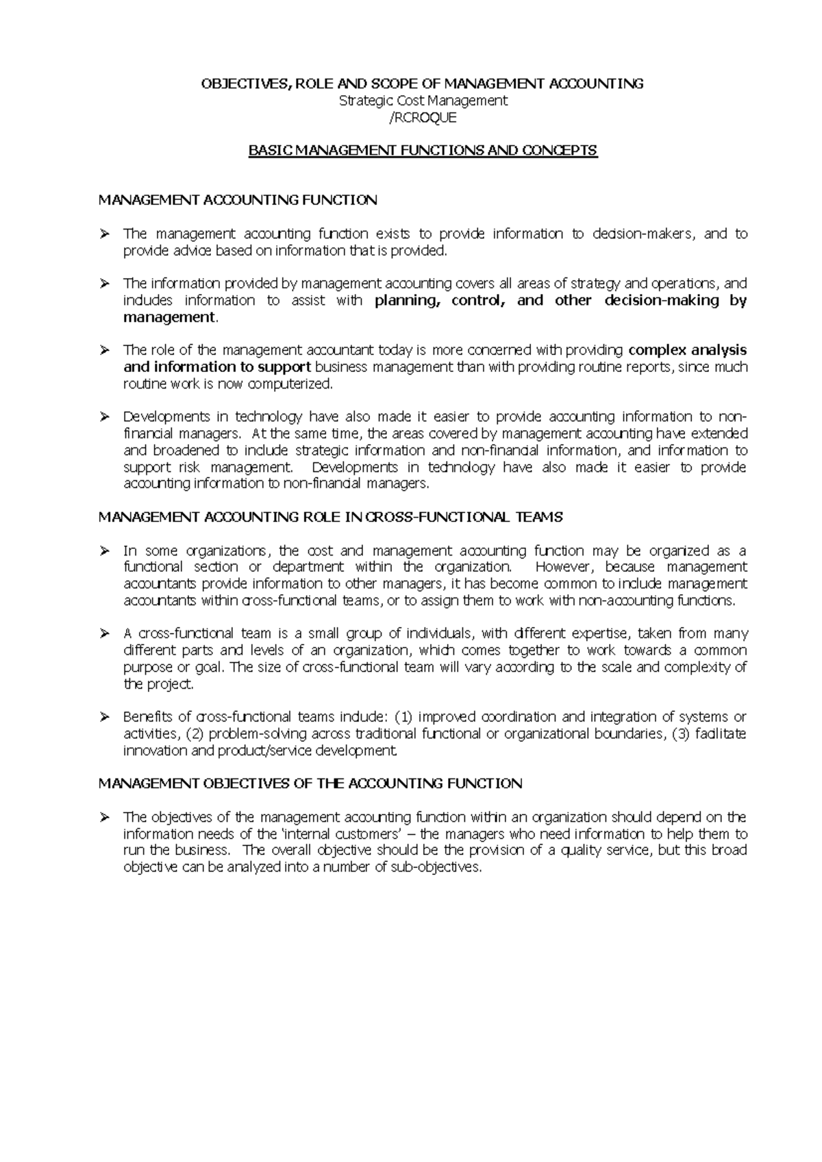 01 Management Accounting: Objectives, Role, and Scope Overview - Studocu