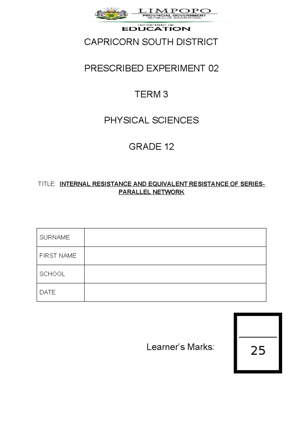 CAPRICORN SOUTH DISTRICT EXP 02 TERM 3 PHYSICS GRADE 12: INTERNAL ...