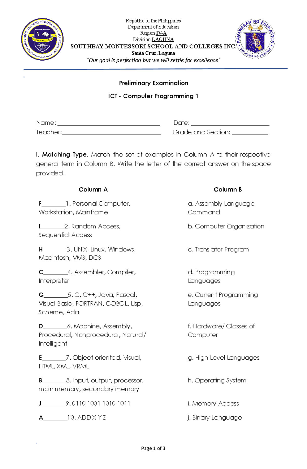 Computer-Programming-1 Prelim-Answer-Key - Republic of the Philippines ...