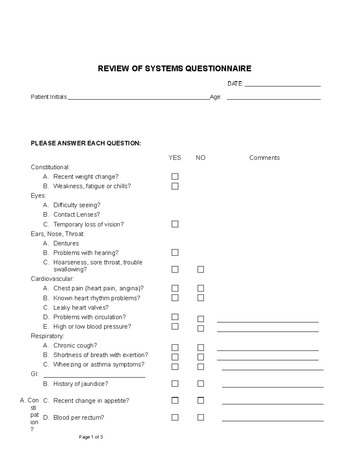 Review of Systems Questionnaire - Patient Evaluation Form - Studocu