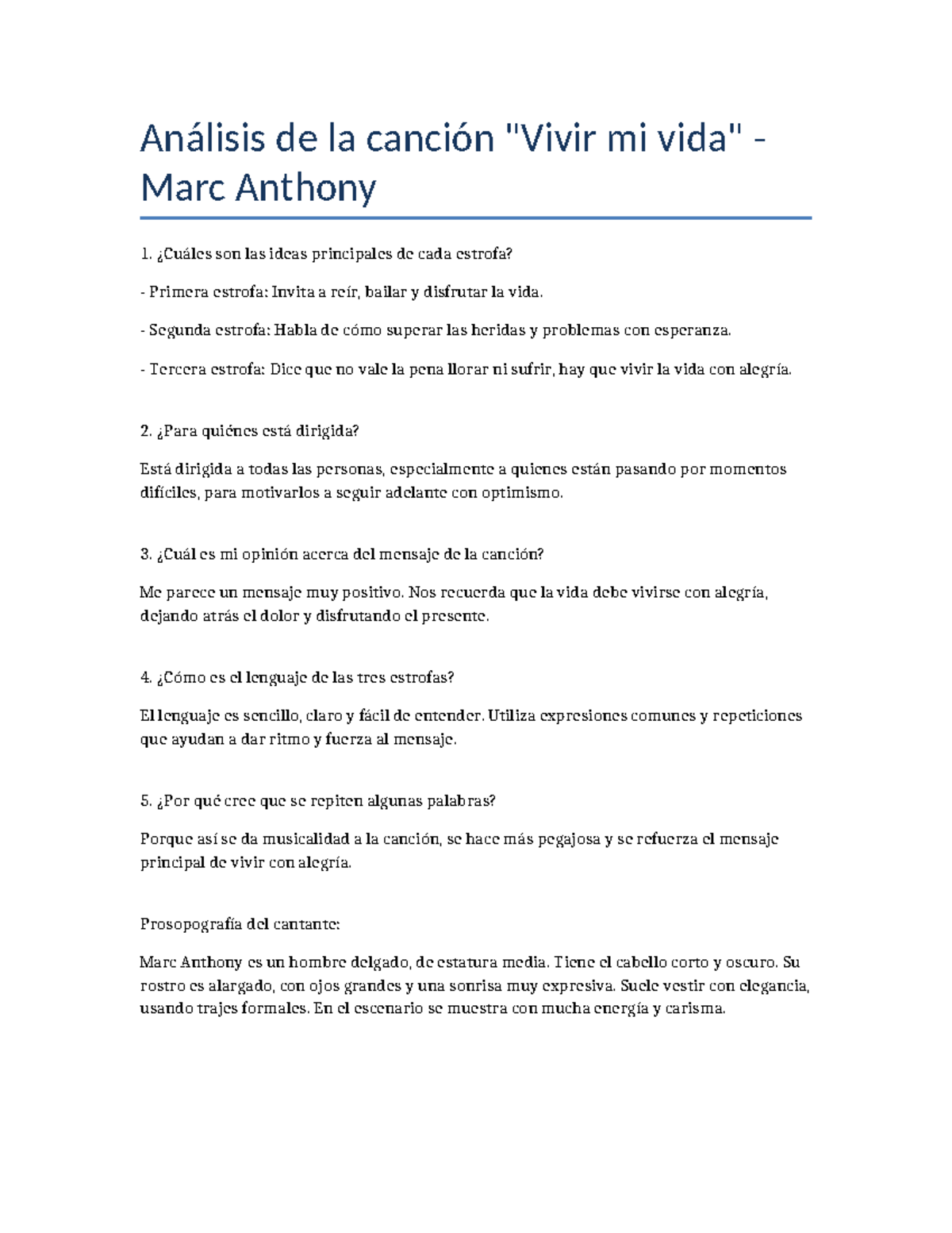 Análisis de la canción "Vivir Mi Vida" de Marc Anthony - Studocu